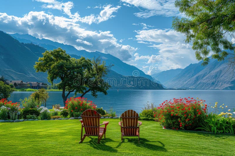 Perfect Outdoor Seating Area in Lush Mountain Landscape Setting Stock ...