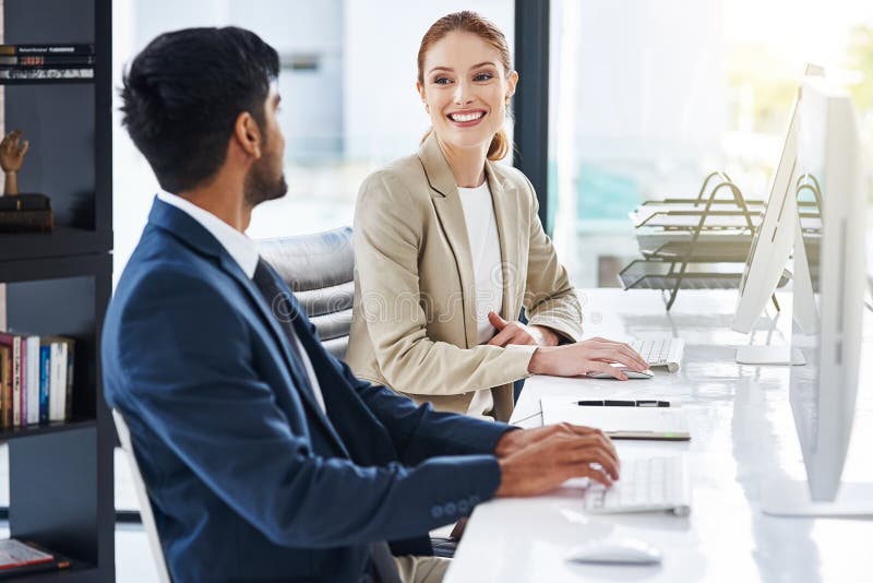 Perfect Professional Synergy. Two Businesspeople Using Desktop ...