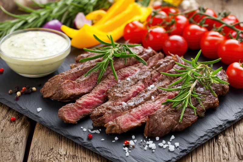 Perfect Rare Steak with Vegetables, Sauce and Spices Stock Illustration ...