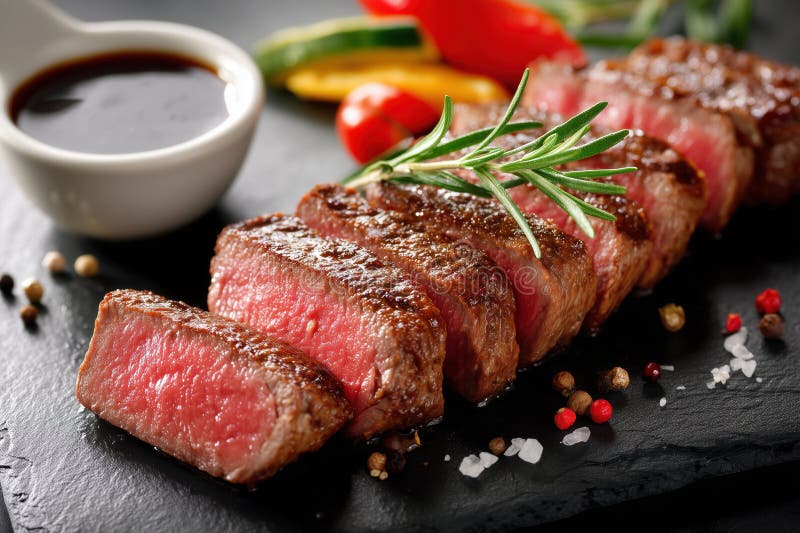 Perfect Rare Steak with Vegetables, Sauce and Spices Stock Illustration ...