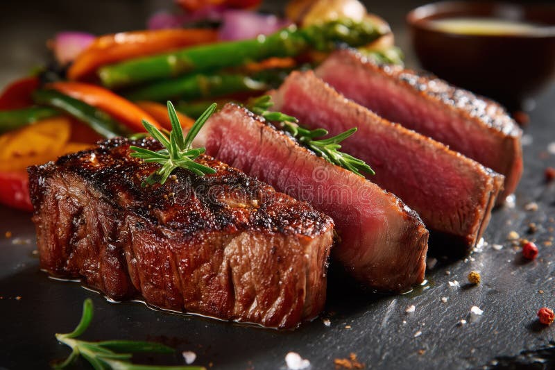 Perfect Rare Steak with Vegetables, Sauce and Spices Stock Illustration ...