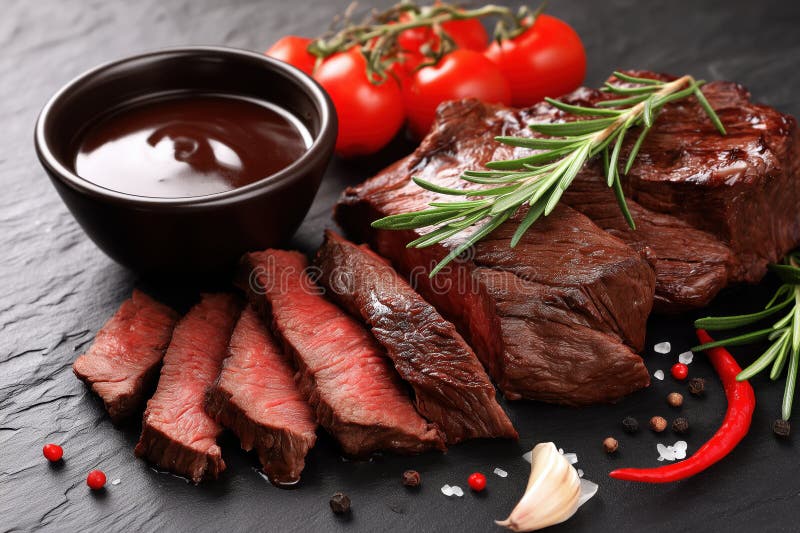 Perfect Rare Steak with Vegetables, Sauce and Spices Stock Illustration ...