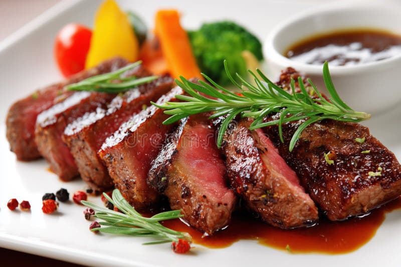Perfect Rare Steak with Vegetables, Sauce and Spices Stock Illustration ...