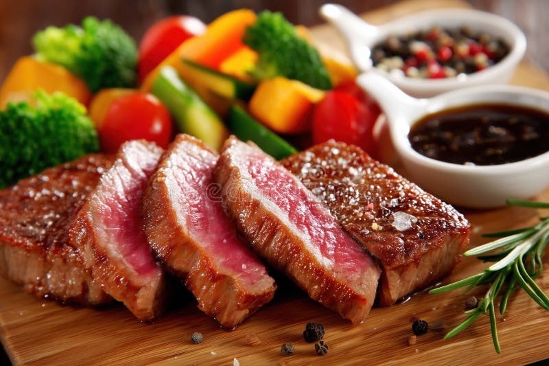 Perfect Rare Steak with Vegetables, Sauce and Spices Stock Illustration ...
