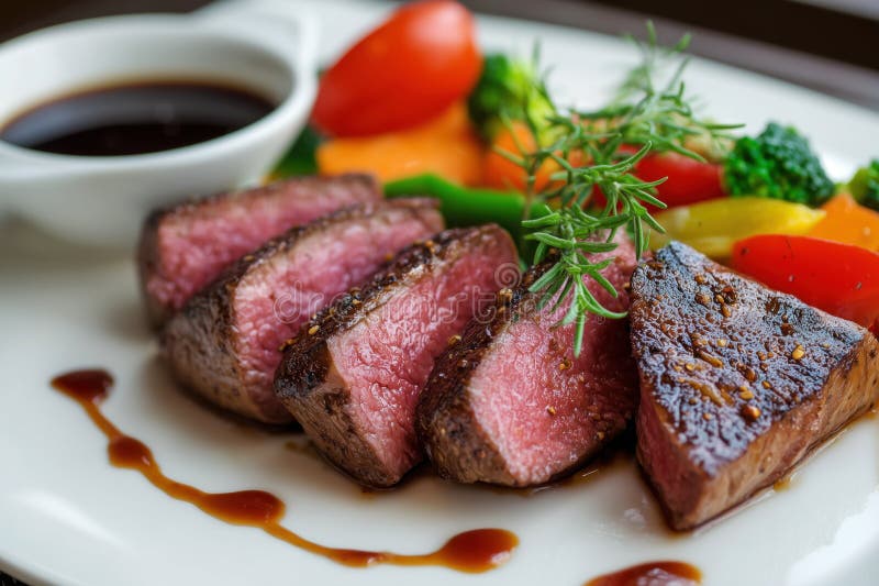 Perfect Rare Steak with Vegetables, Sauce and Spices Stock Illustration ...
