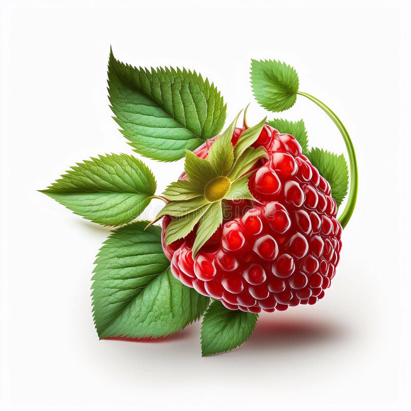 Perfect Red Raspberry with Leaves on White , Generative AI Stock Photo ...