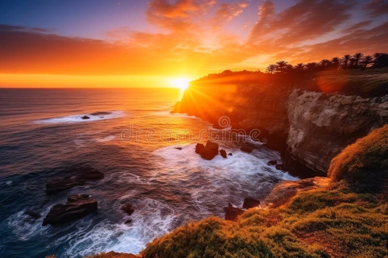 A Perfect Sunset at the Ocean with Cliffs Stock Illustration ...