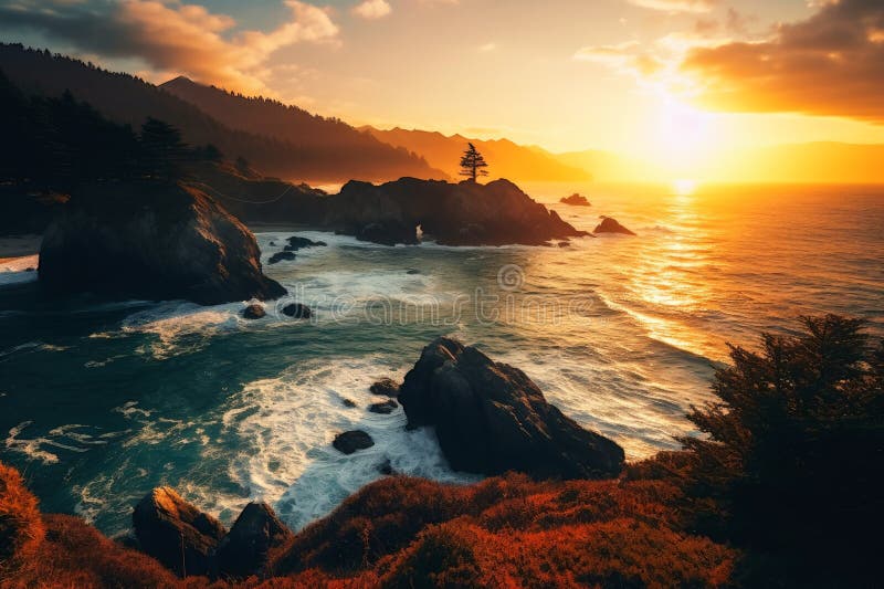 A Perfect Sunset at the Ocean with Cliffs Stock Illustration ...