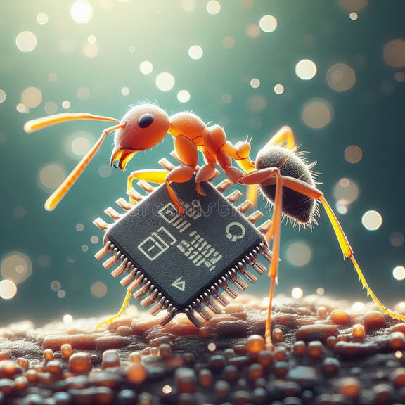 A Surreal Image of a Detailed Ant Gripping a Microprocessor. Stock ...