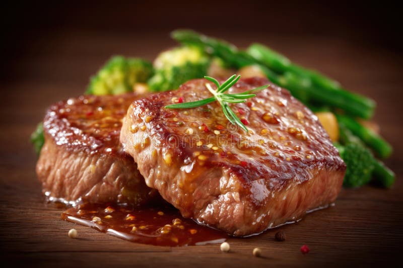 Perfect Well Done Steak with Vegetables, Sauce and Spices Stock ...