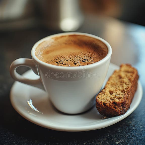 Perfectly Brewed Espresso with Biscotti on a Coffee Table Setting Stock ...