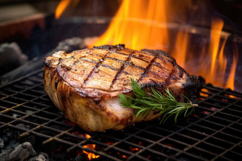 Perfectly Charred Pork Chop on a Campfire Grill Stock Image - Image of ...