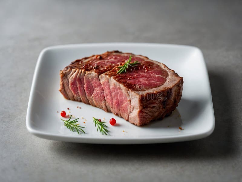A Perfectly Cooked Meat Cut Centered on a Vast White Plate. Stock ...