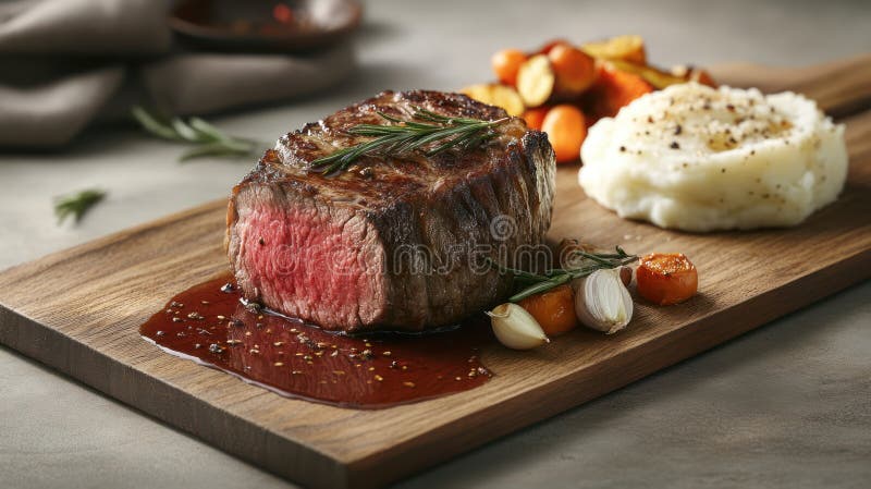 Perfectly Cooked Medium Rare Beef Steak with Sides of Mashed Potatoes ...