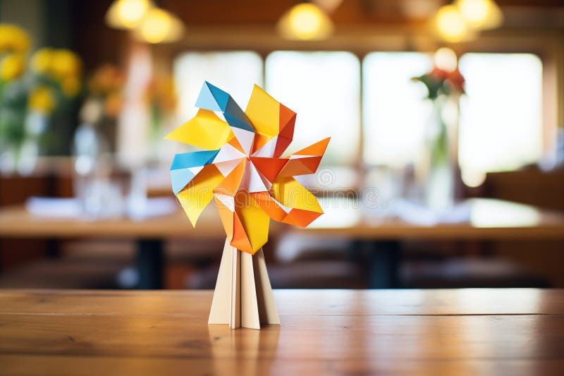Perfectly Crafted Origami Windmill in Action on Wooden Table Stock ...