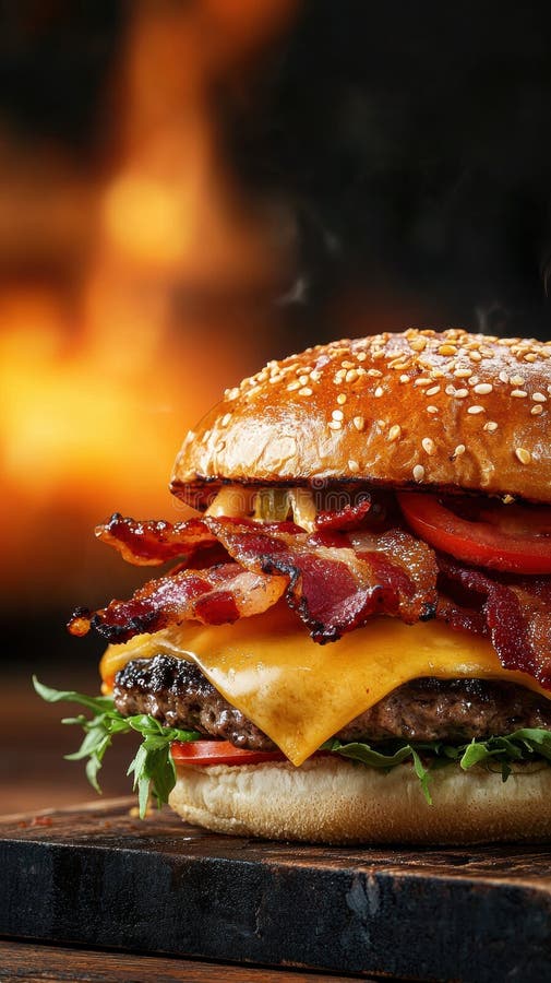 Perfectly Grilled Classic Burger with Crispy Bacon, Melted Cheese, and ...