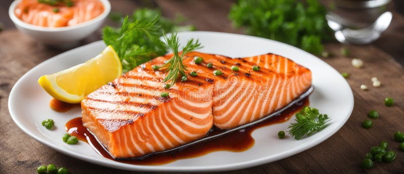 Perfectly Grilled Salmon Steak with Lemon on White Plate Stock Image ...