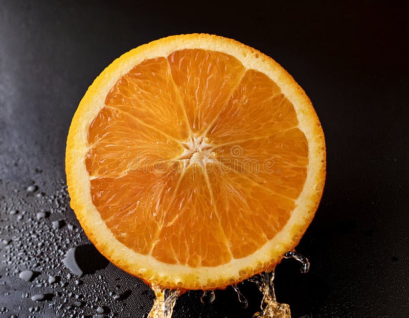 A Perfectly Halved Orange with Visible Pulp and Juice Droplets Against ...