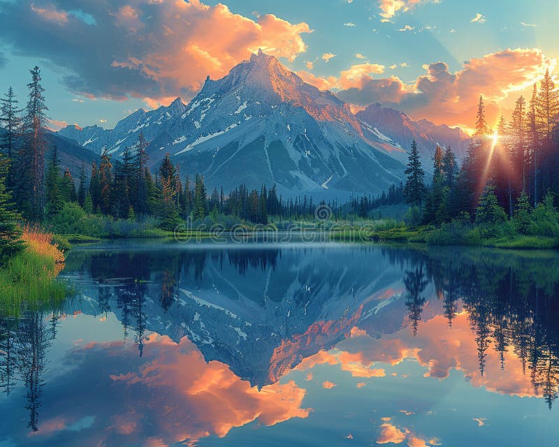 A Perfectly Mirrored Reflection in a Still Mountain Lake during Sunrise ...