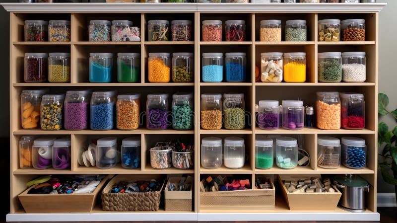A Perfectly Organized Craft Supply Cabinet with Bins Stock Illustration ...