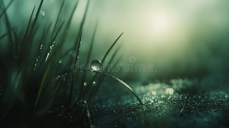 A Perfectly Symmetrical Dew Drop on a Blade of Grass, Surrounded by ...