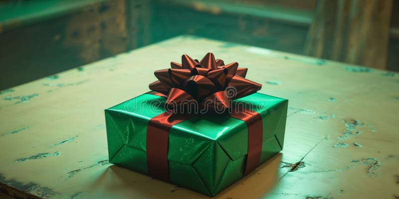 A Perfectly Wrapped Present with a Dark Red Bow on a Surface Stock ...