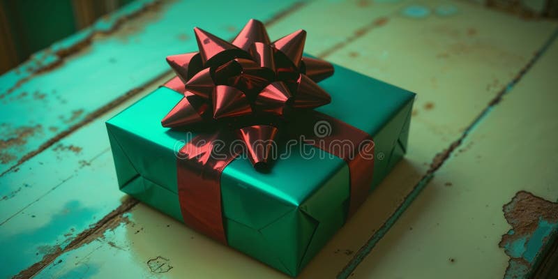 A Perfectly Wrapped Present with a Dark Red Bow on a Surface. Stock ...