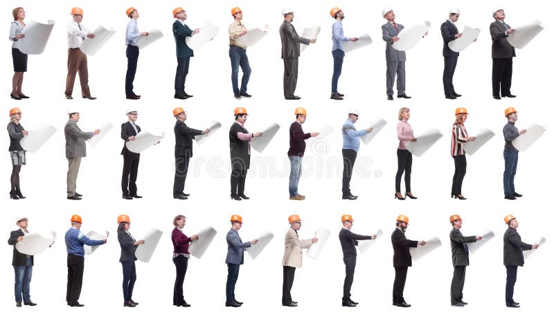 Perfil De Collage Del Arquitecto En Hardhat Con Planos Foto de archivo ...