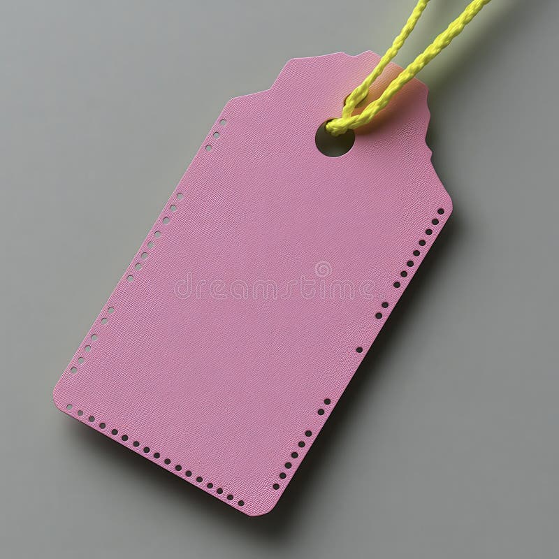 Perforated Pink Tag with Bright Yellow String, Angled on Grey Surface ...