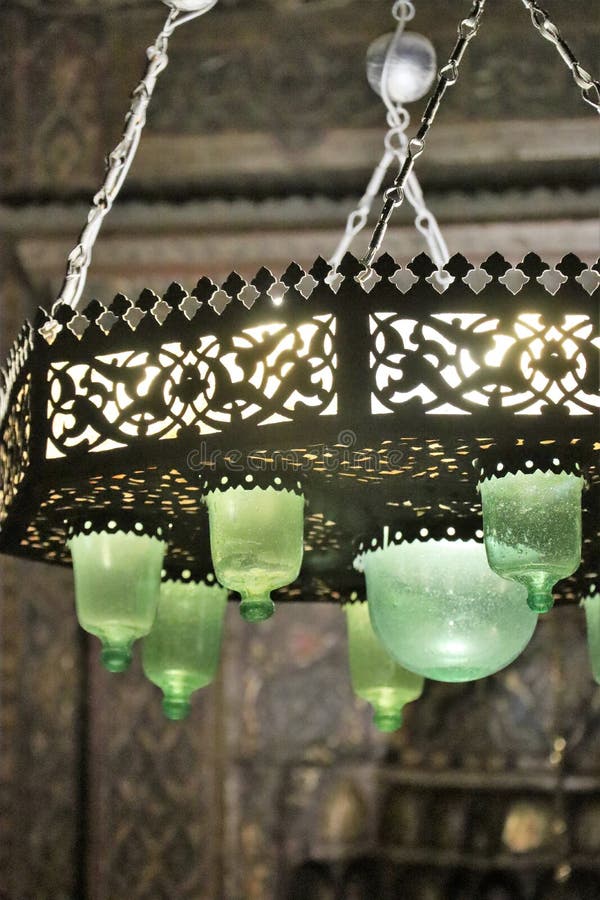 Perforated Scroll and Diamond Copper Mosque Ceiling Lamp with Green ...