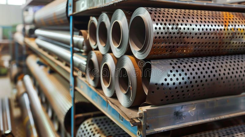 Perforated Sheet Metal Rolls on Racks in Metal Fabrication Shop Stock ...