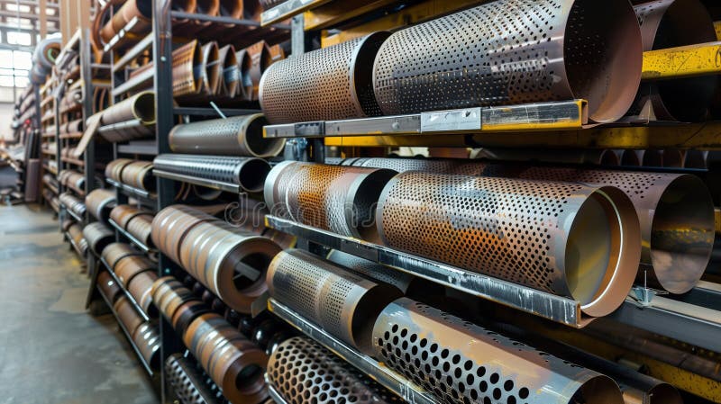 Perforated Sheet Metal Rolls on Racks in Metal Fabrication Shop Stock ...