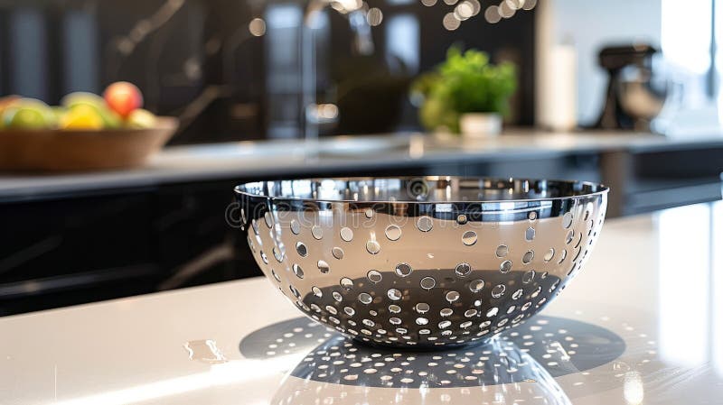 Perforated Stainless Steel Bowl on a Modern Kitchen Counter. Stock ...