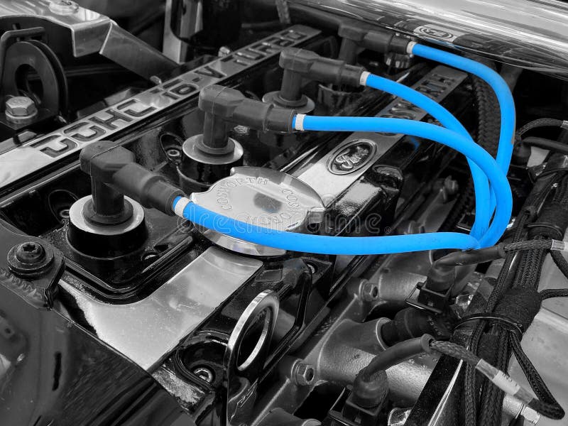 Performance Ford Engine Bay with Blue HT Leads Editorial Photography ...