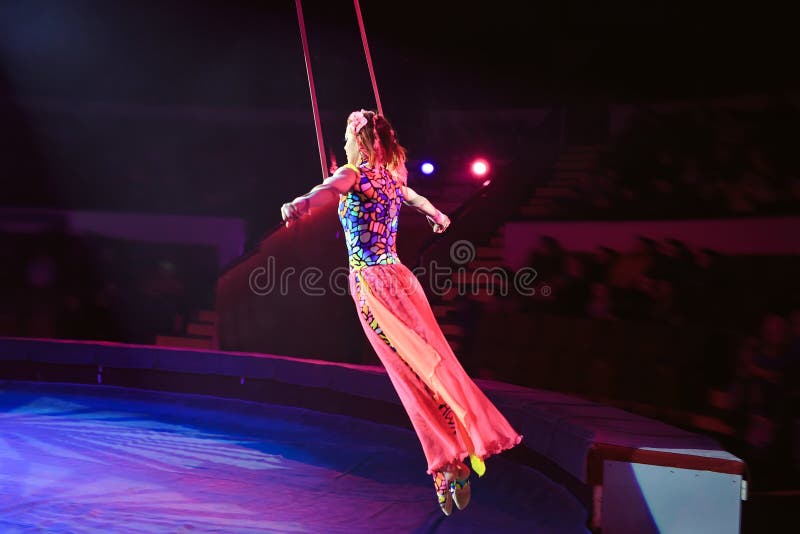 Performance of the Girl Aerial Acrobat in the Circus. Stock Photo ...