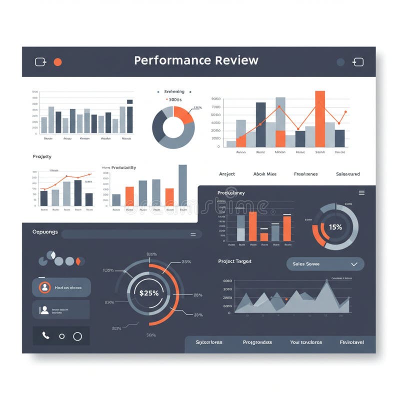 Performance Review Dashboard Featuring Various Charts and Graphs. Includes Bar Stock ...