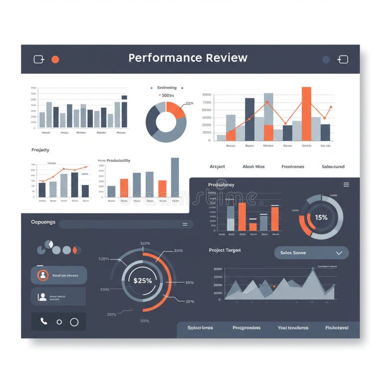 Performance Review Dashboard Featuring Various Charts and Graphs. Includes Bar Stock ...
