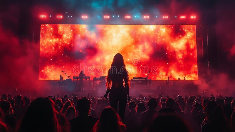 A Performer on a Festival Stage Singing Under a Giant Light-up Screen ...