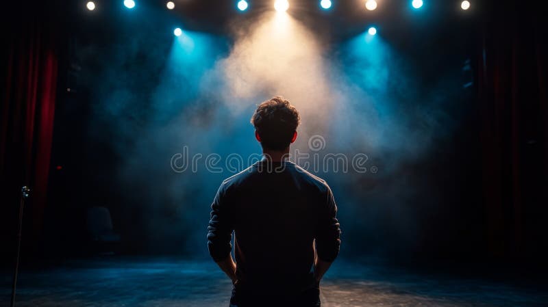 A Performer Stands Alone on Stage Under Dramatic Lighting. Shadows ...