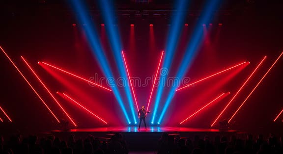 A Performer Stands on a Stage Adorned with Dynamic Red and Blue ...