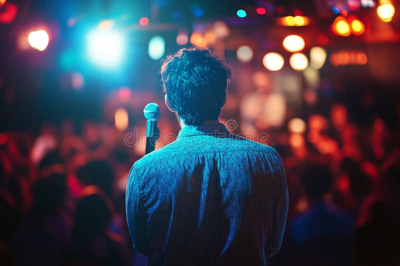 A Performer Stands on Stage with a Microphone. the Venue is Lively with ...