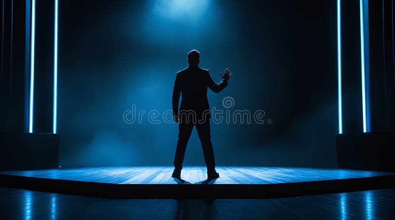 Performer Waving from a Smoky Blue Stage in the Spotlight Stock ...