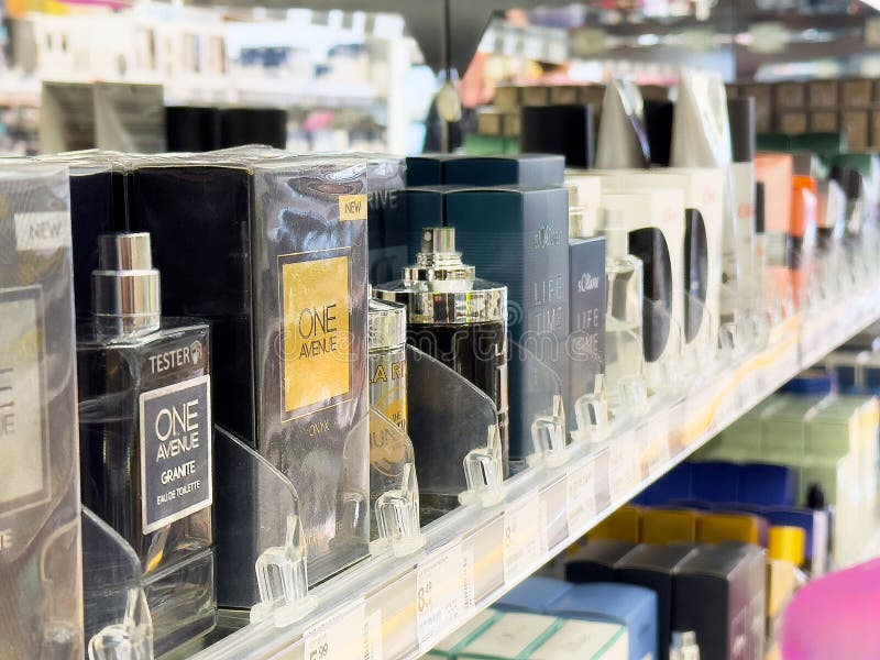 Perfume Aisle with Variety of Fragrances on Display in Store Editorial ...