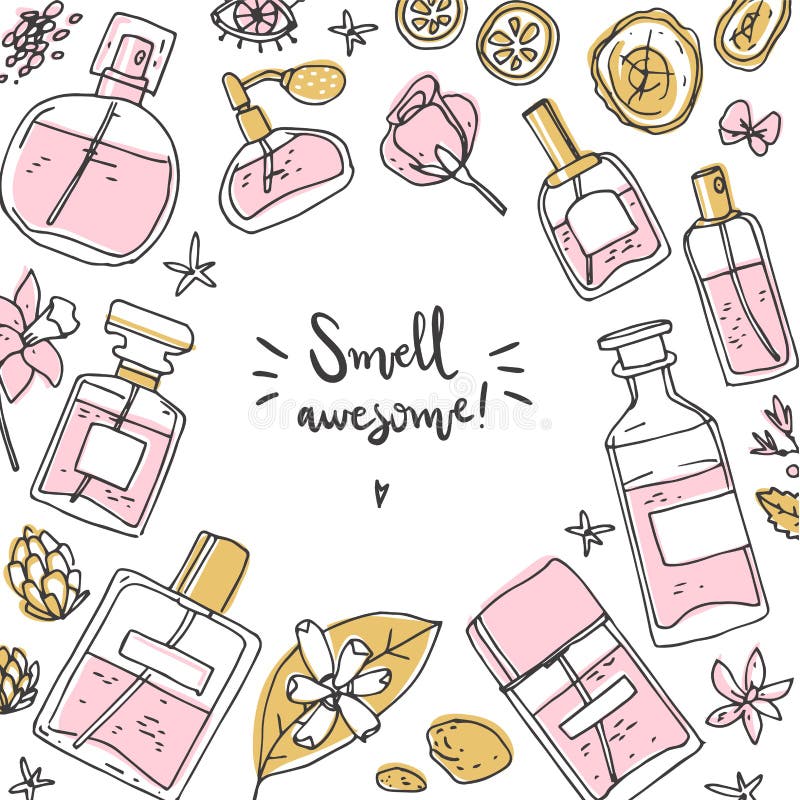 Perfume Background, Frame with Bottle and Ingredients. Doodle Vector ...