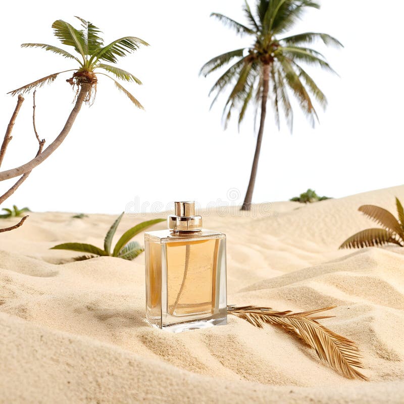 Perfume on Beach with Palm Trees and Beach Background Isolated on White ...