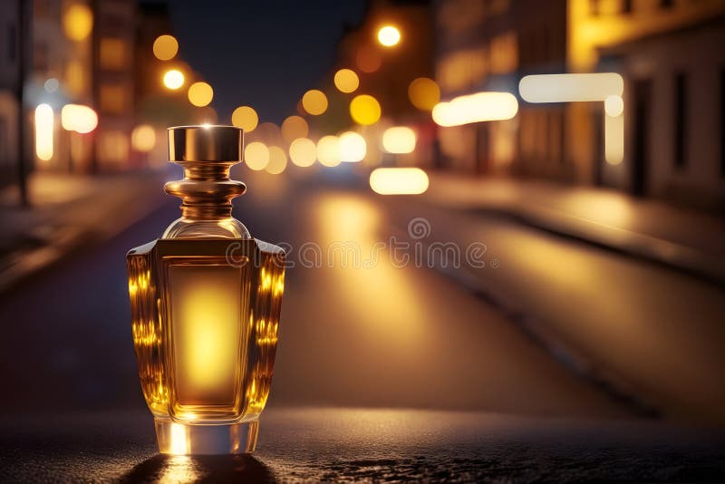 Perfume Bottle Against the Backdrop of Night City Lights. Neural ...