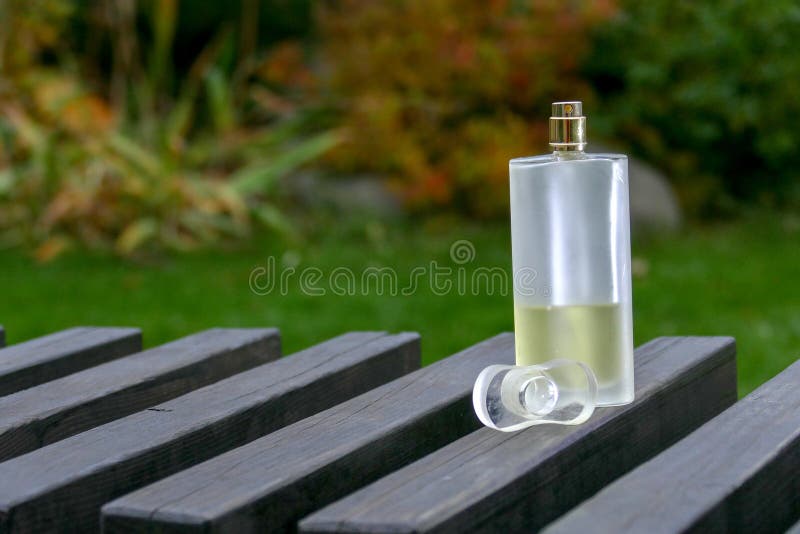 Perfume Bottle on the Bench Stock Photo - Image of leaf, spray: 200522348