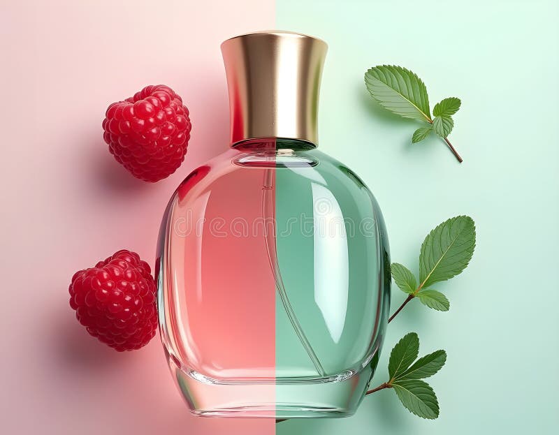 Perfume Bottle with Berries and Green Leaves in a Presentation Stock ...