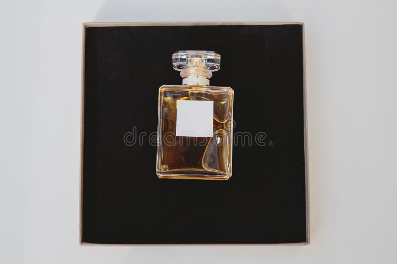 Perfume Bottle with Blank Label in Black Box. Top View Stock Image ...