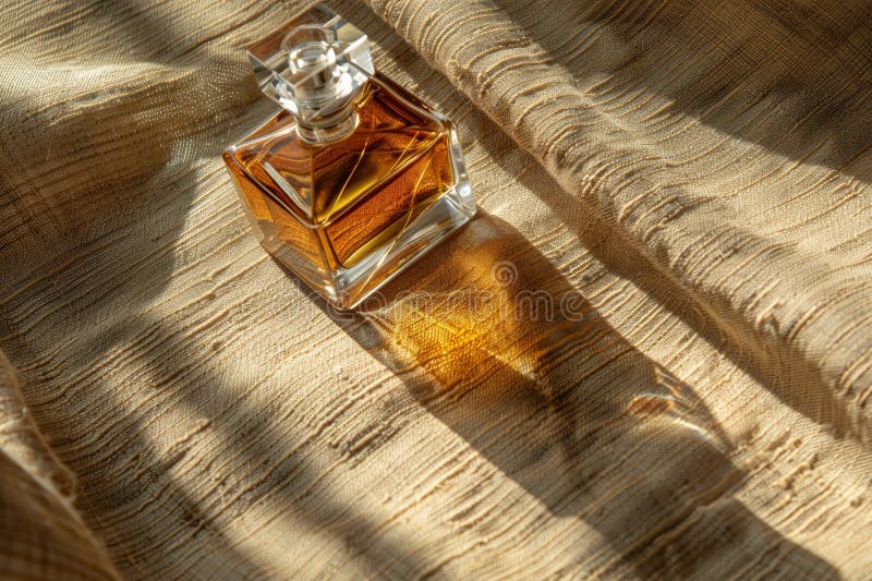 Perfume Bottle on a Brown Fabric Background, Side Angle, Warm Lighting ...